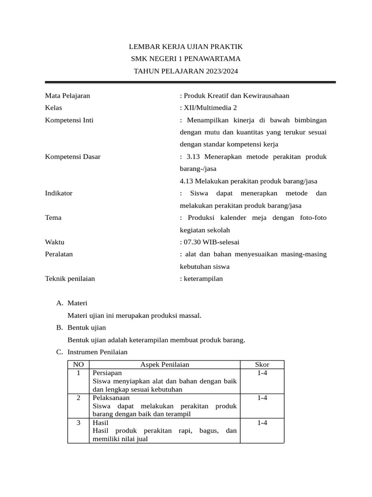 Lembar Kerja Ujian Praktik Pkwu | PDF