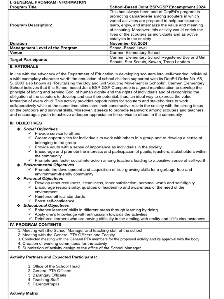 Activity Design School-Based Joint BSP-GSP Encampment 2024 | PDF ...