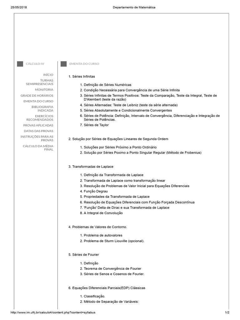 Ementa de Calculo IV (UFRJ) | PDF | Transformada de Laplace | Transformada de Fourier