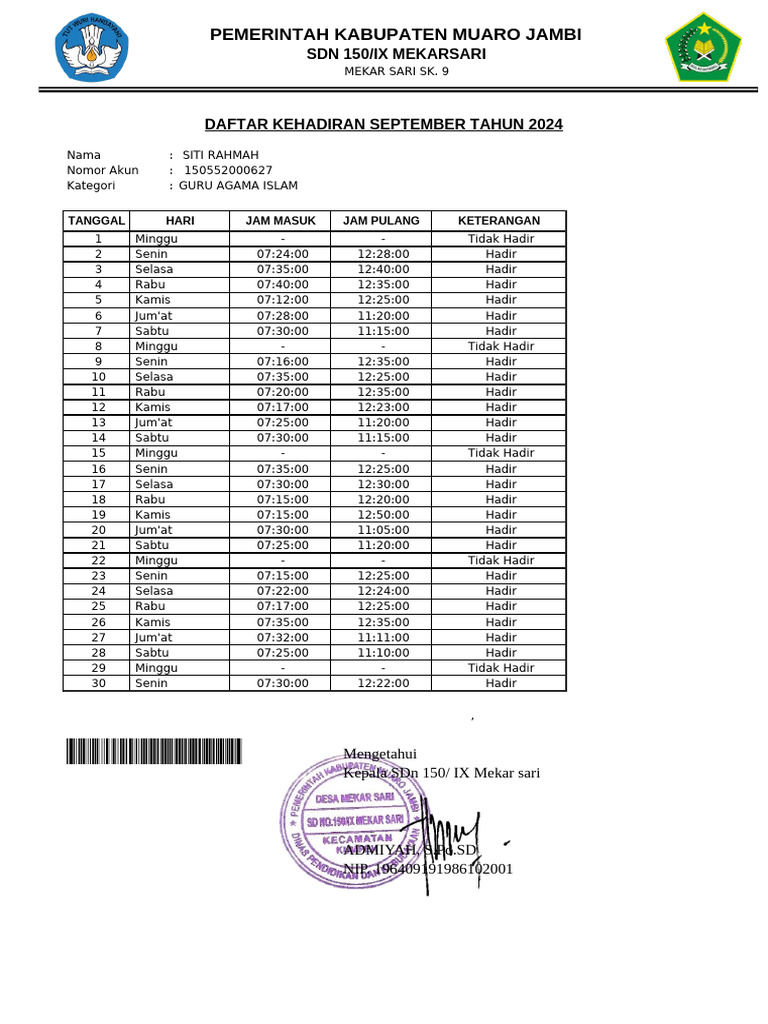 Absensi September 2024 Siti Rahmah - 093134 | PDF