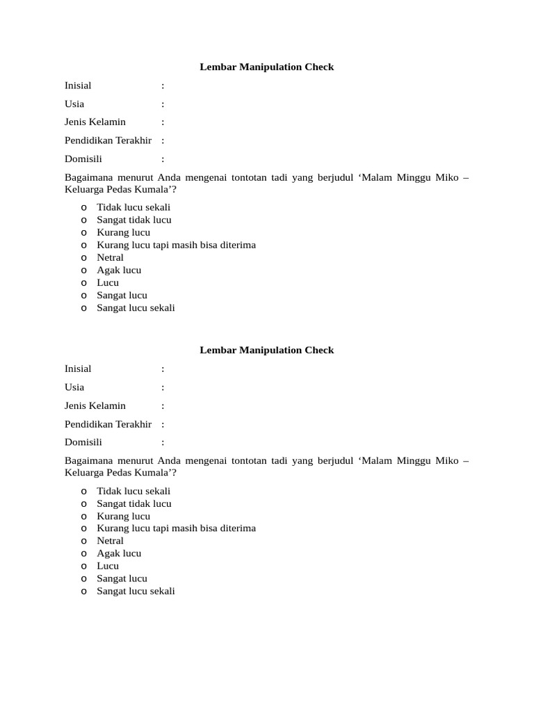 Lembar Manipulation Check | PDF | Ilmu Sosial