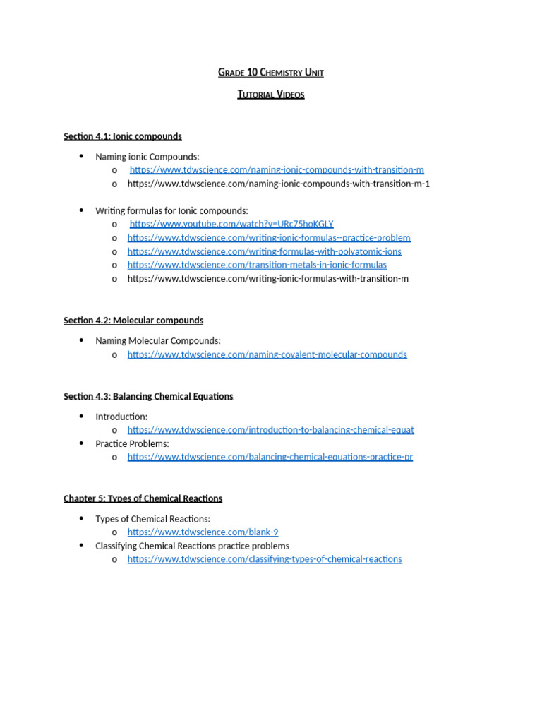 Grade 10 Chem Video Tutorials | PDF