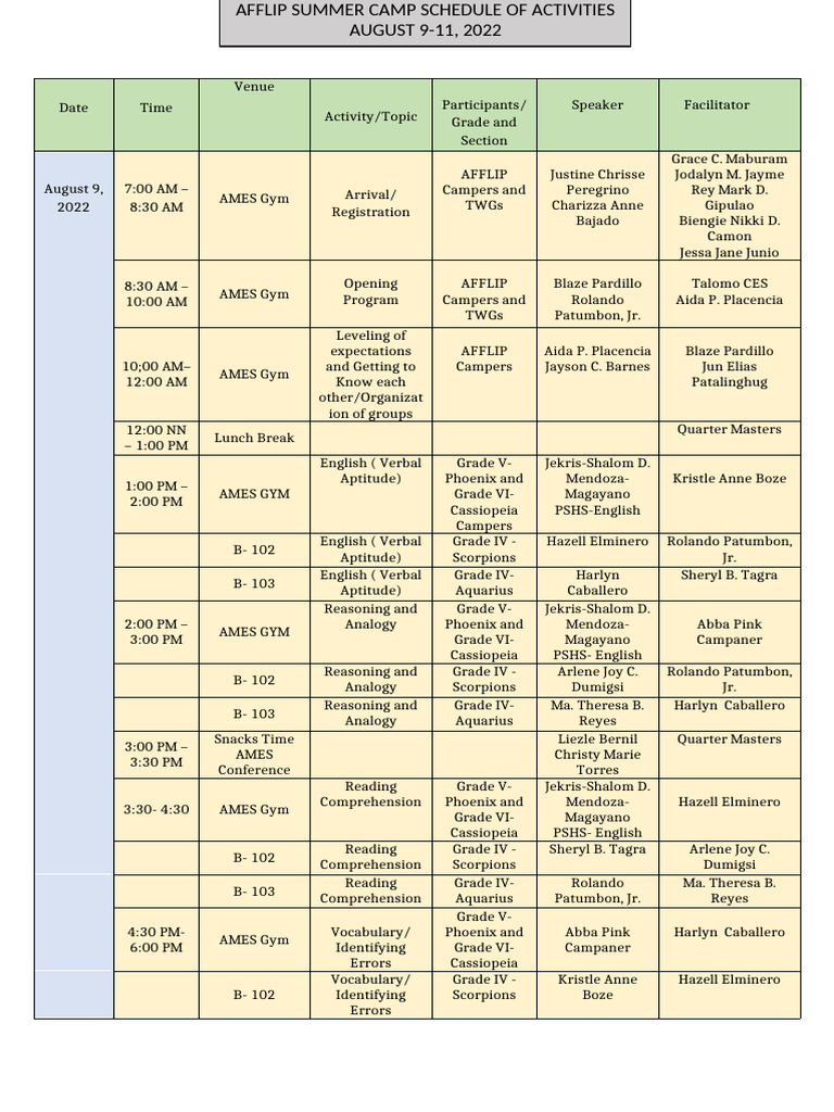 Schedule of Afflip Activities 2022 | PDF