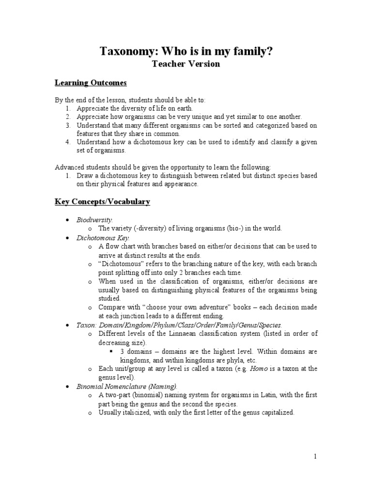 Taxonomy Lab - Teacher Version | PDF | Taxonomy (Biology) | Biology