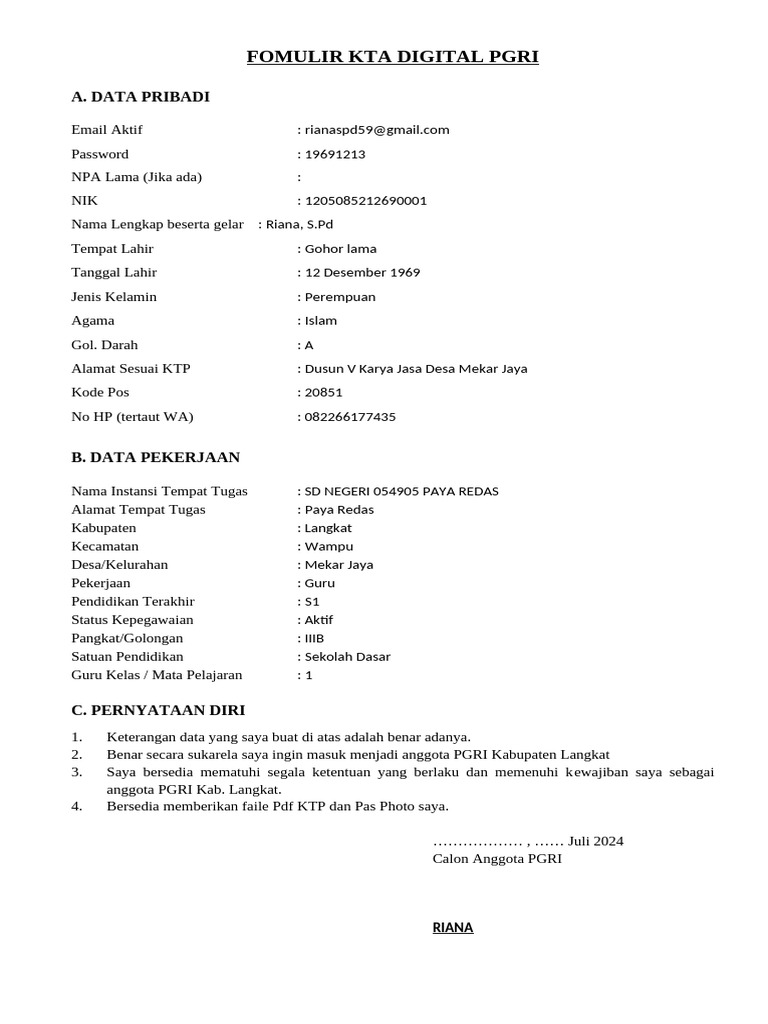 Formulir KTA Digital PGRI Riana | PDF