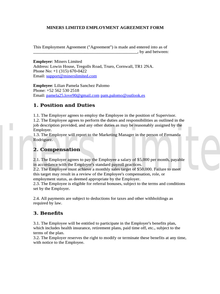 Miners Limited Employment Agreement Form | PDF | Employment | Trade Secret