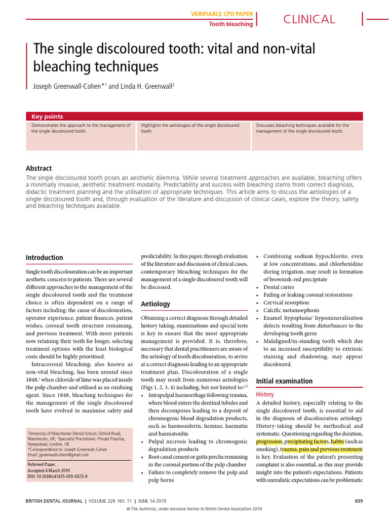 2019 - The Single Discoloured Tooth, Vital and Non-Vital Bleaching ...
