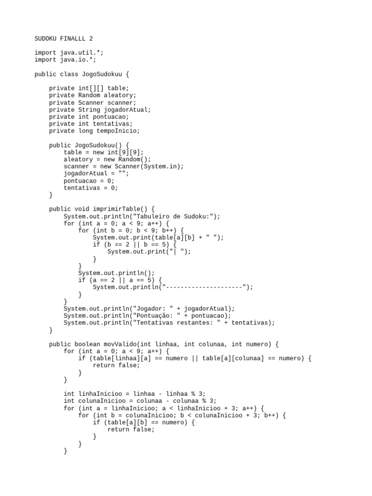 Jogo de Sudoku em Java: Implementação Completa | PDF | Computadores