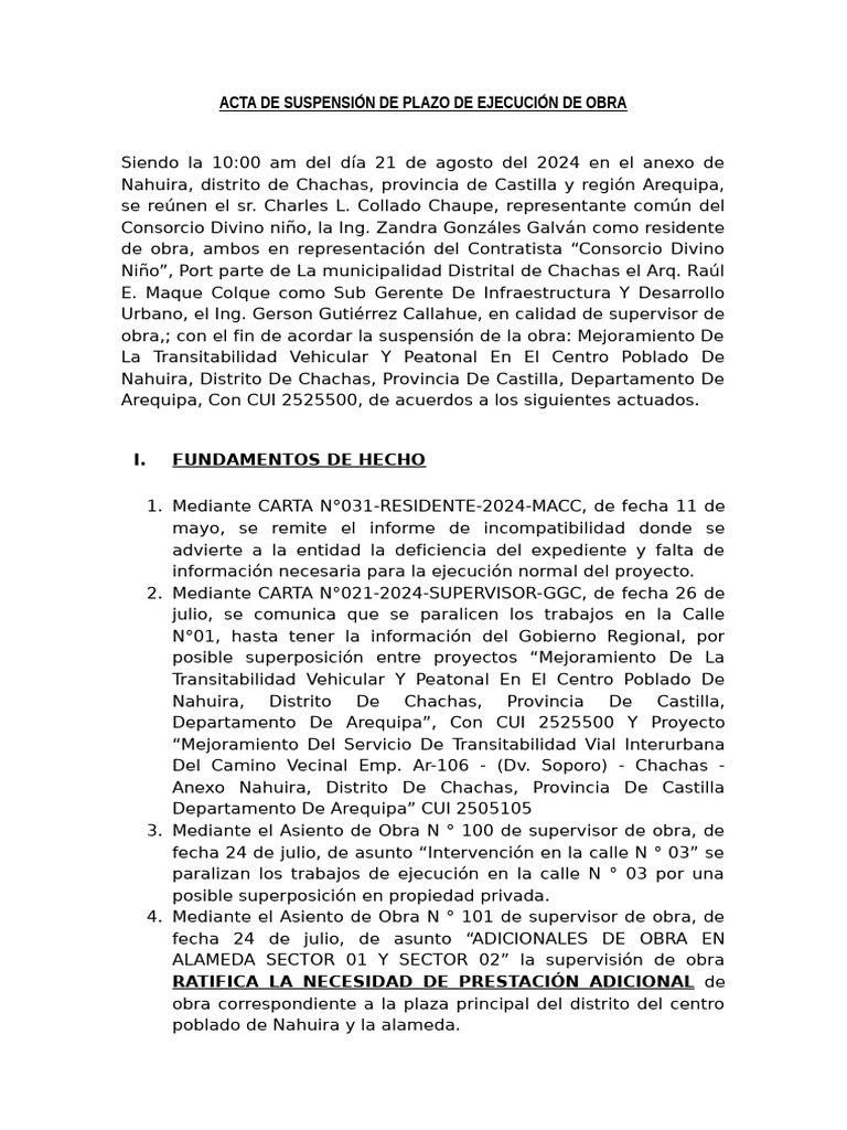 Acta de Suspensión de Plazo de Ejecución de Obra | PDF | Justicia | Crimen y violencia