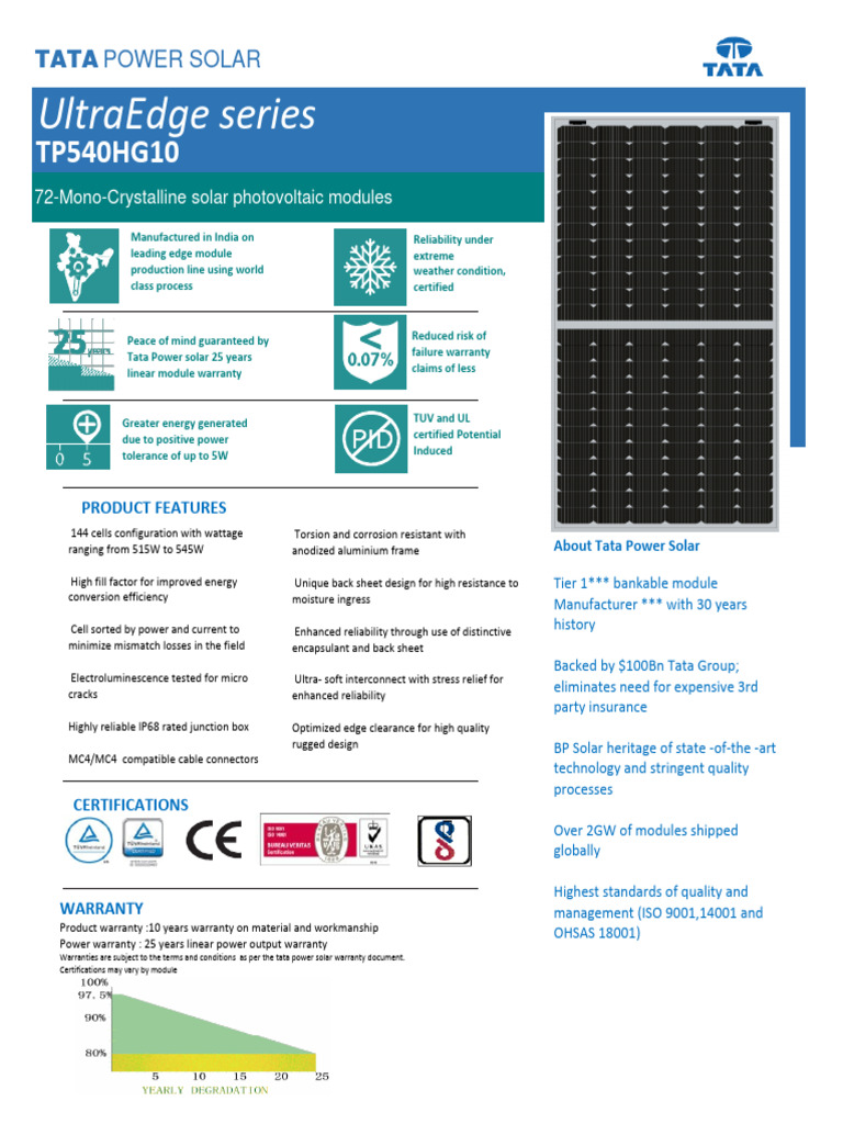 Tata Power Solar TurboVolt Series TP540HG10W Data Sheet Updated | PDF ...