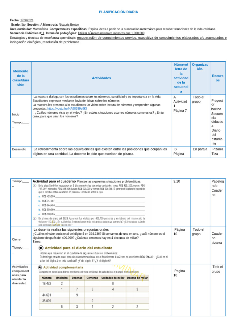 PLANIFICACIÃ N DIARIA de La Secuencia de Matematica de 5to Grado | PDF ...