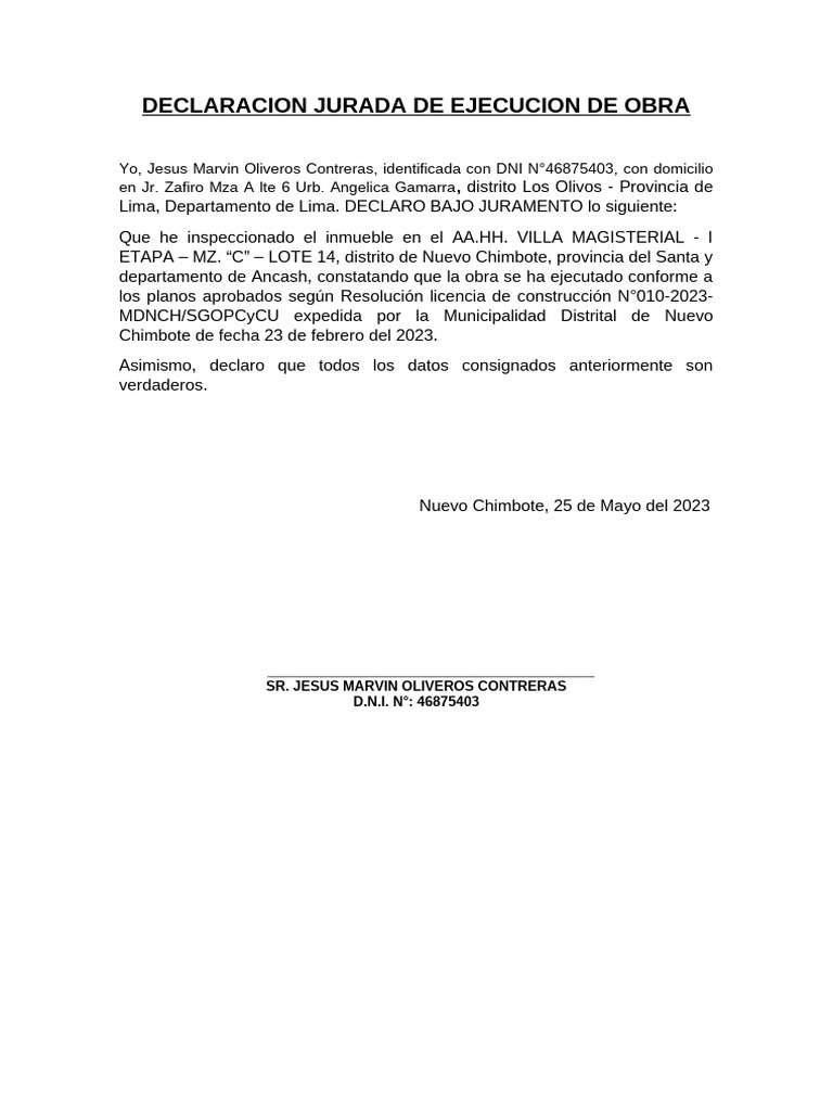 Declaracion Jurada Ejecucion de Obra | PDF | Política
