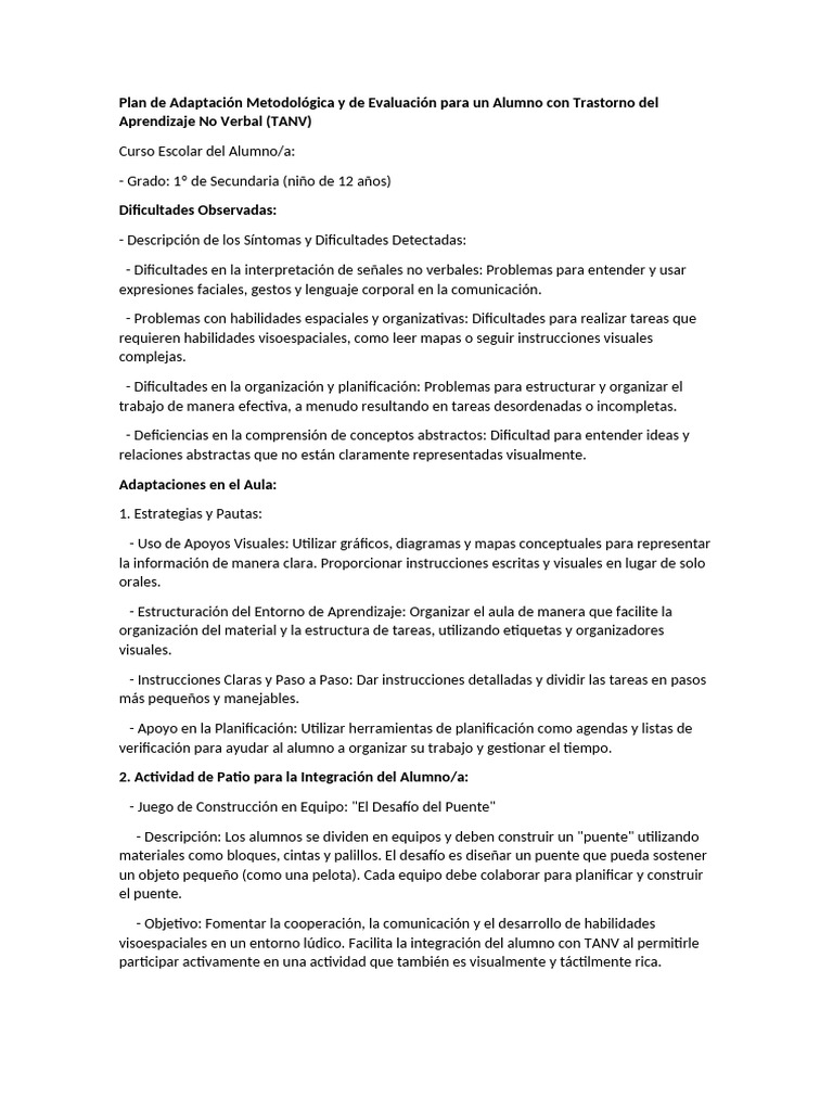 Plan de Adaptación Metodológica y de Evaluación para Un Alumno Con ...