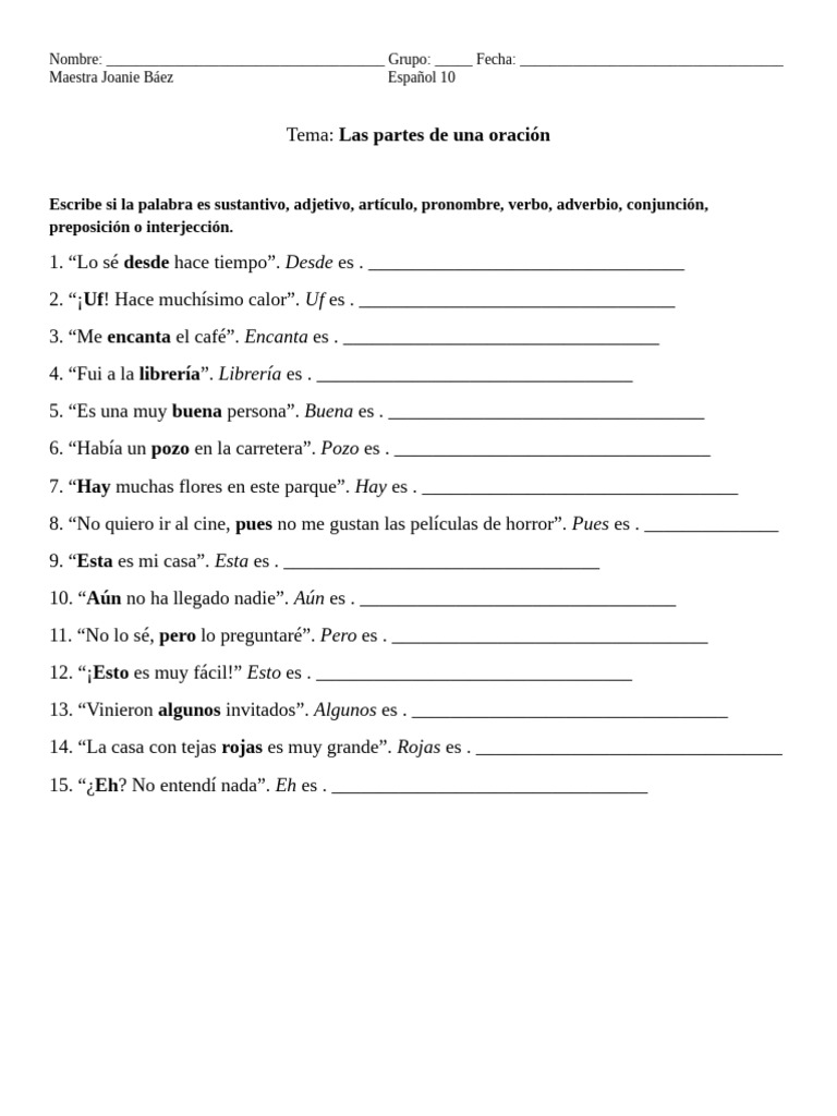 Las Partes de La Oración Ejercicios | PDF | Artes del Lenguaje y ...