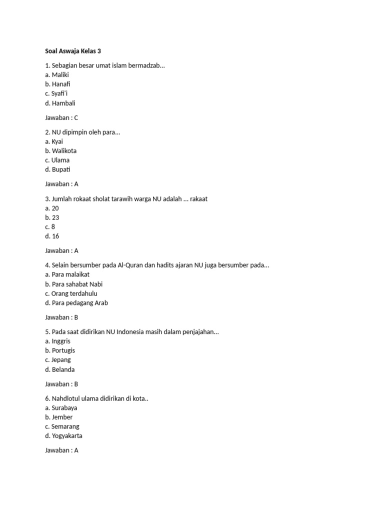 Soal Aswaja Kelas 3 | PDF