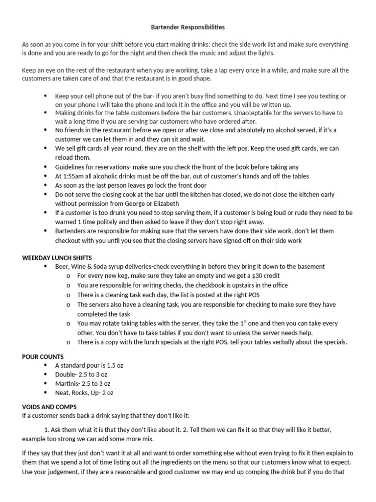 Bartender Shift Responsibilities Guide | PDF | Meal | Drink