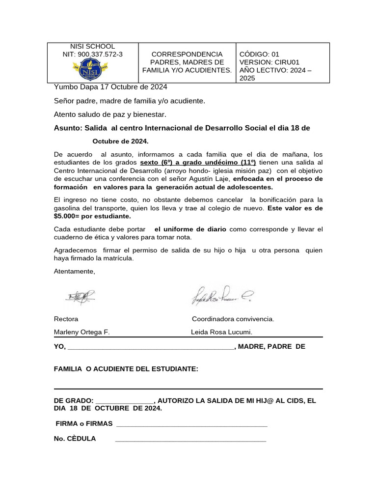 Salida Escolar al CIDS - 18 Octubre 2024 | PDF | Estilo de vida