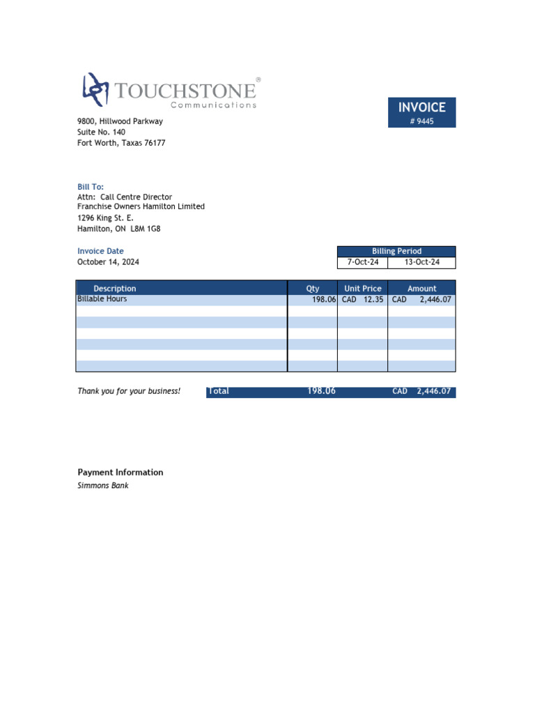 Invoice: 9800, Hillwood Parkway Suite No. 140 Fort Worth, Taxas 76177 | PDF