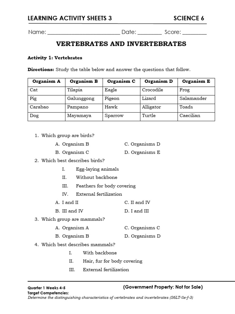 Science-6-Q2-LAS-3 | PDF | Invertebrate | Vertebrates