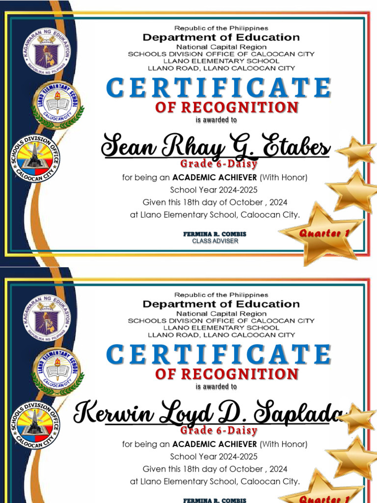 CERTIFICATE OF RECOGNITION-Academic Achievers - Q1 2024-2025-DAISY | PDF