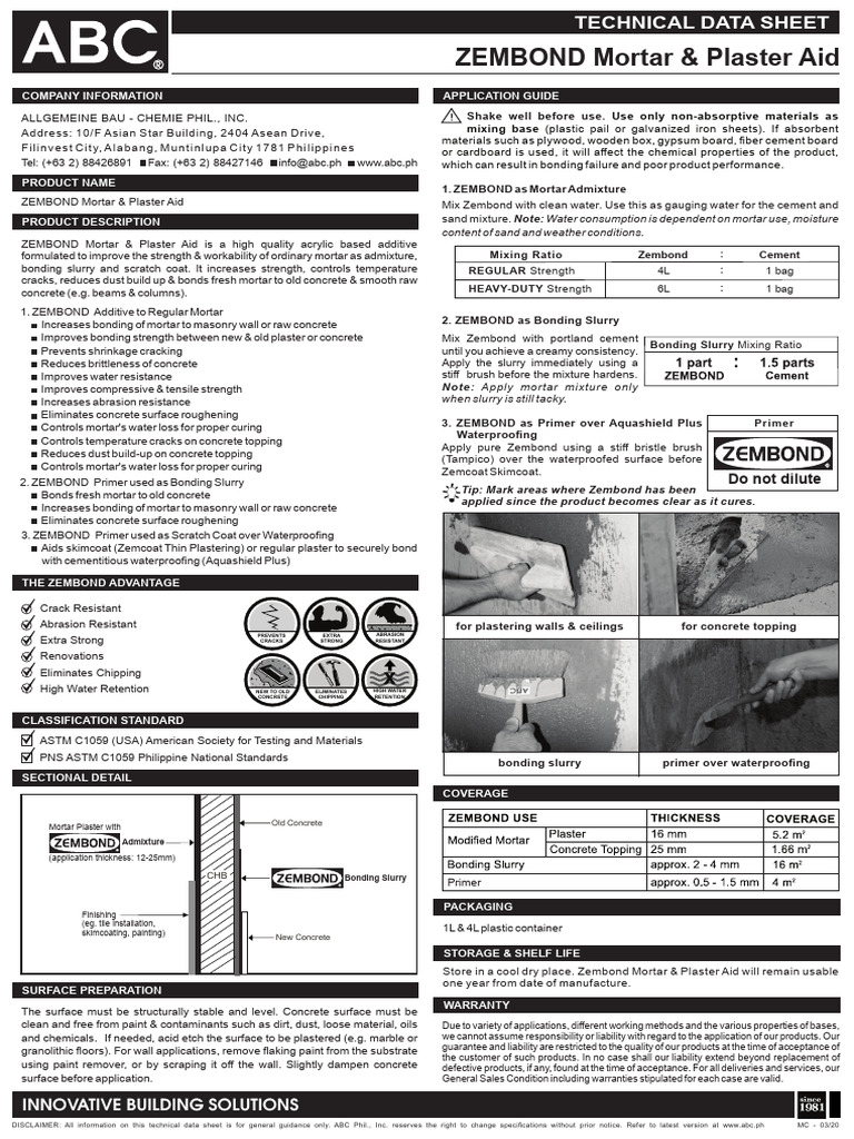 Zembond Plaster & Mortar Aid Guide | PDF | Concrete | Mortar (Masonry)