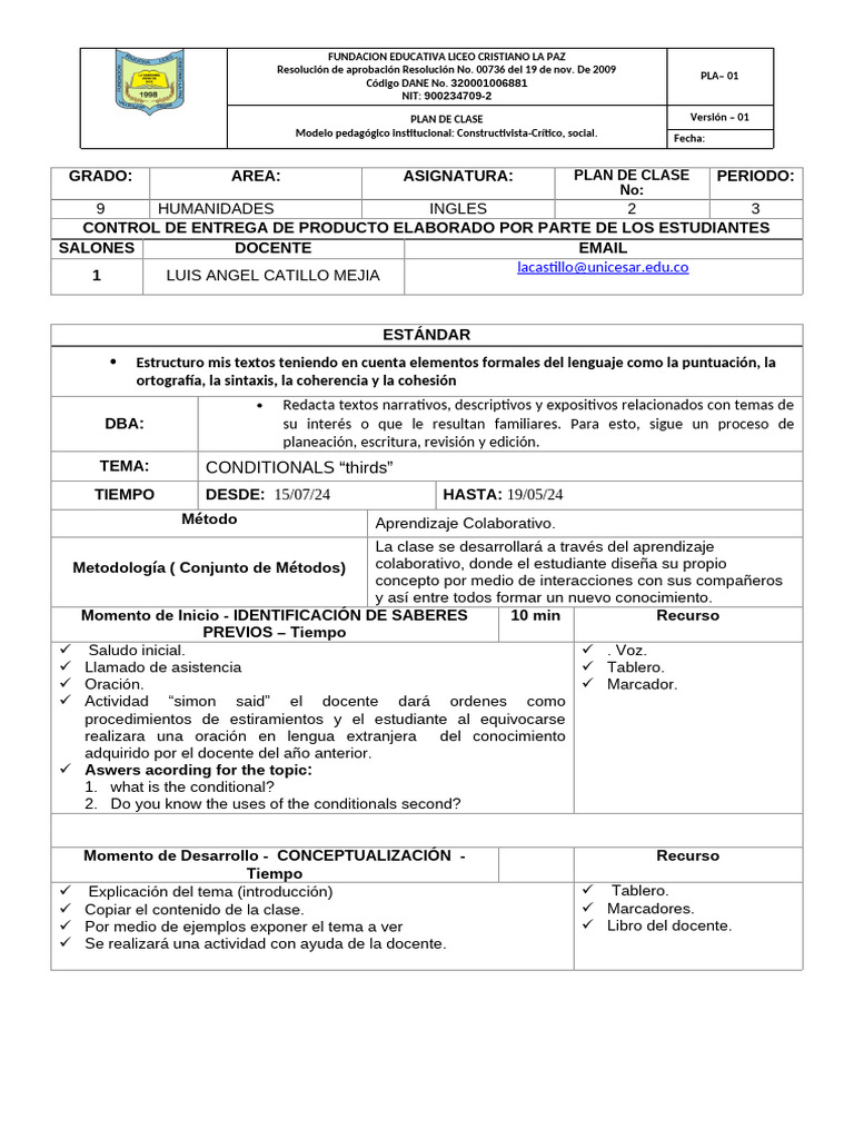 Plan de Clase: Condicionales en Inglés | PDF | Comunicación humana