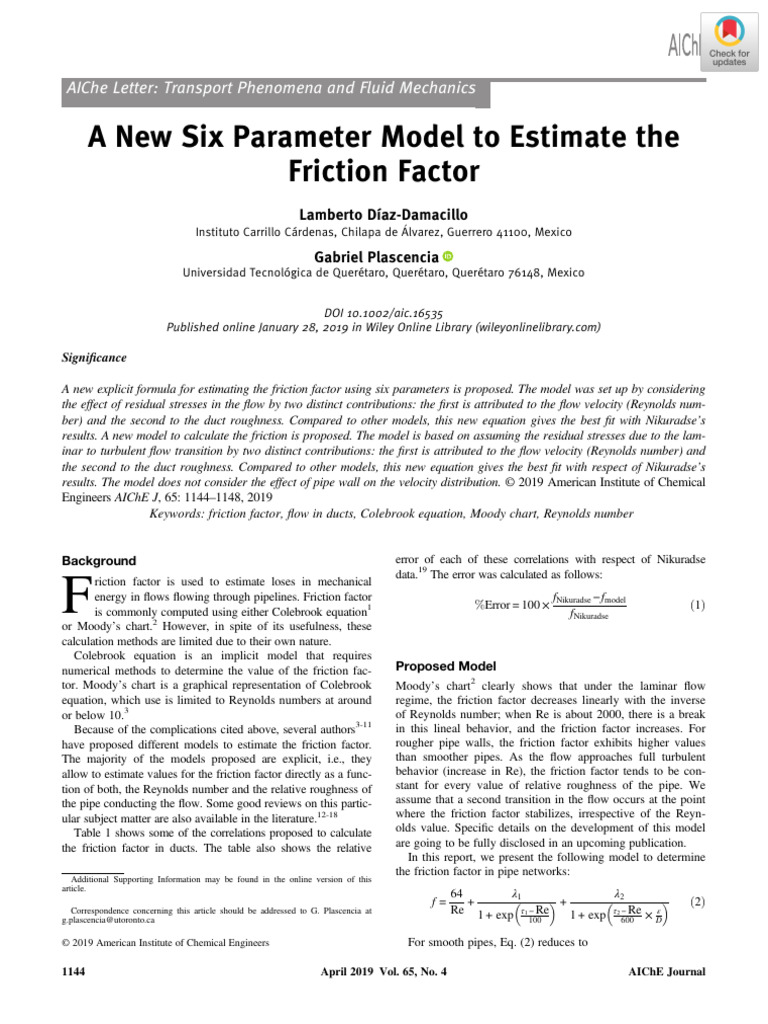 A New Six Parameter Model To Estimate The Friction Factor (L.Díaz-Damacillo, G.Plascencia, 2019 ...