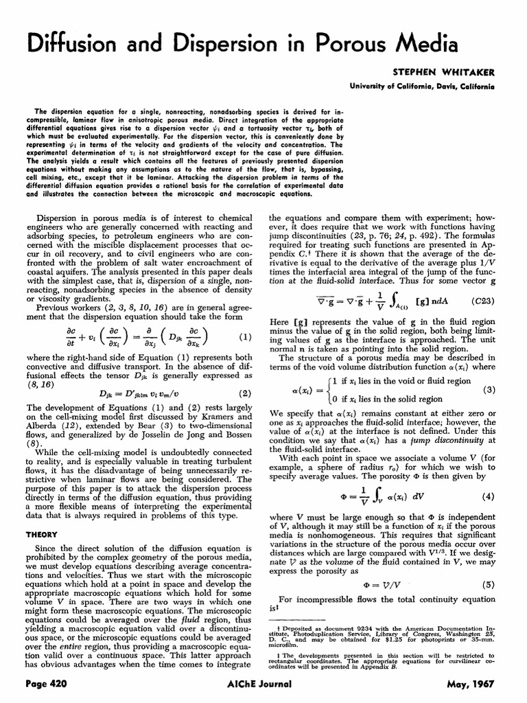 Diffusion and Dispersion in Porous Media (S.Whitaker, 1967) | PDF ...