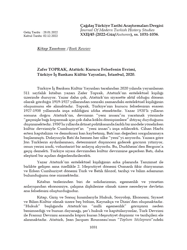 Zafer TOPRAK, Atat RK Kurucu Felsefenin Evrimi, T Rkiye Bankas K LT R Yay Nlar, Stanbul, 2020 ...