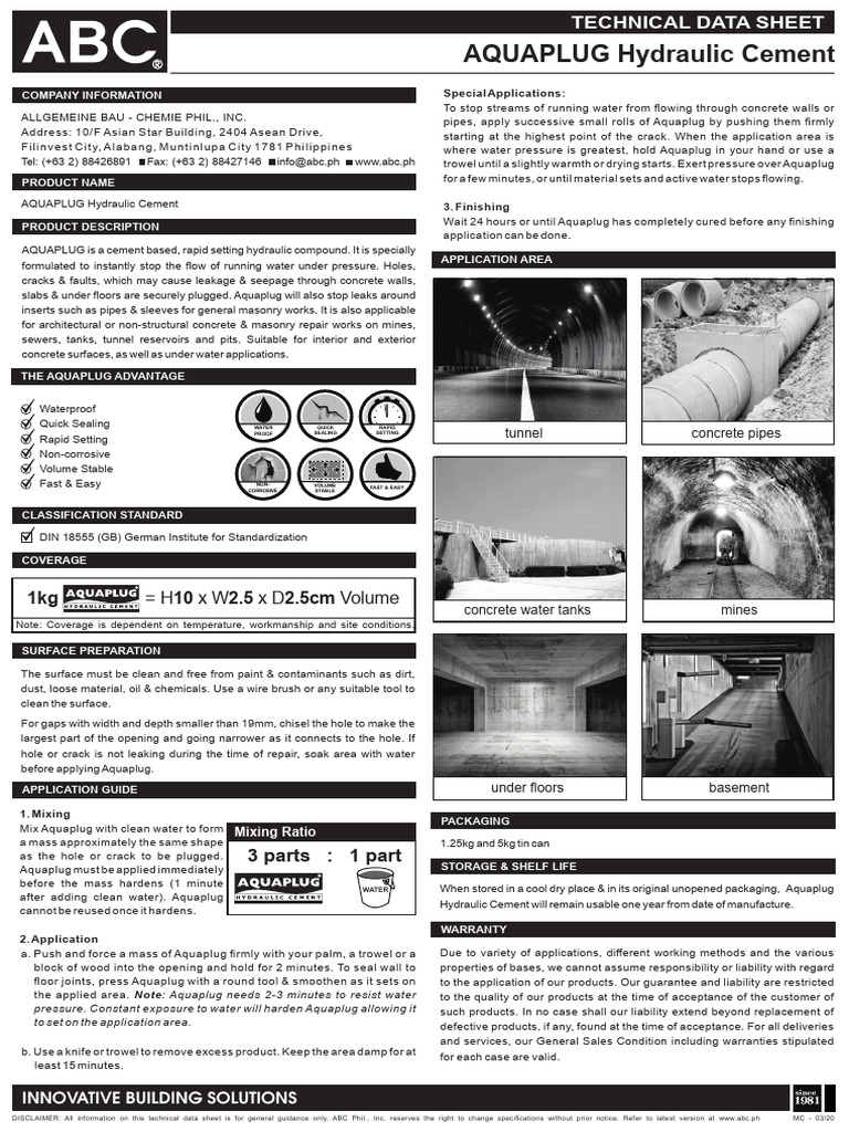 AQUAPLUG Hydraulic Cement Technical Data Sheet 2020 | PDF | Concrete ...