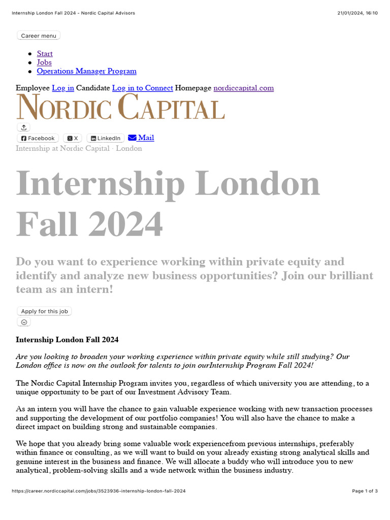 Internship London Fall 2024 - Nordic Capital Advisors | PDF ...
