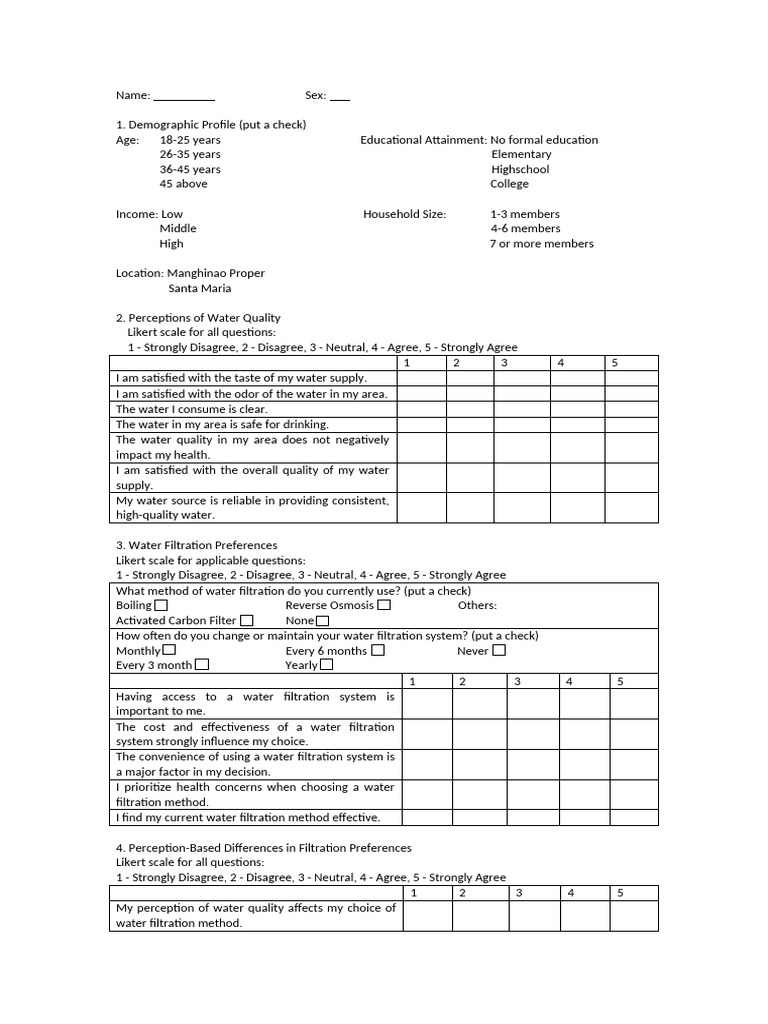 Questionnaire sample | PDF | Water | Water Purification
