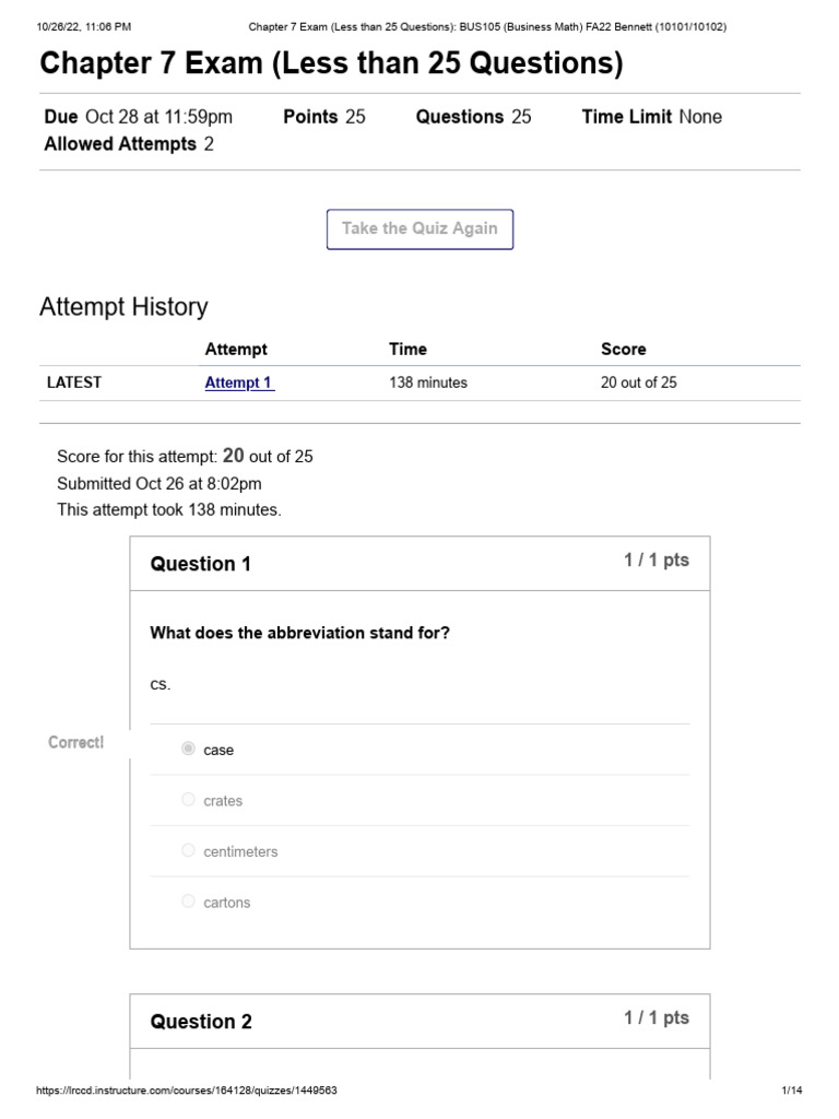 Chapter 7 Exam (Less Than 25 Questions) - BUS105 (Business Math) FA22 Bennett (10101 - 10102 ...