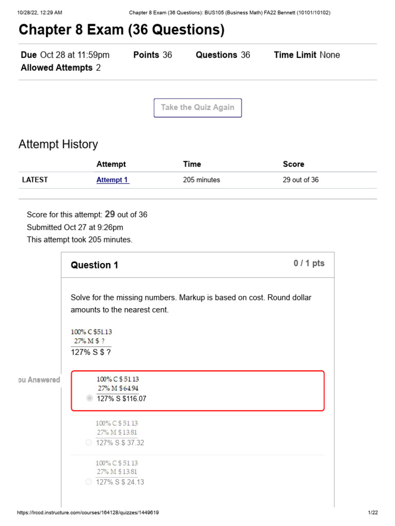 Chapter 8 Exam (36 Questions) - BUS105 (Business Math) FA22 Bennett ...