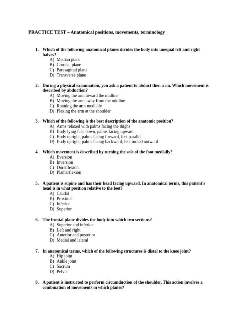 Anatomical Positions & Movements Quiz | PDF | Anatomical Terms Of ...