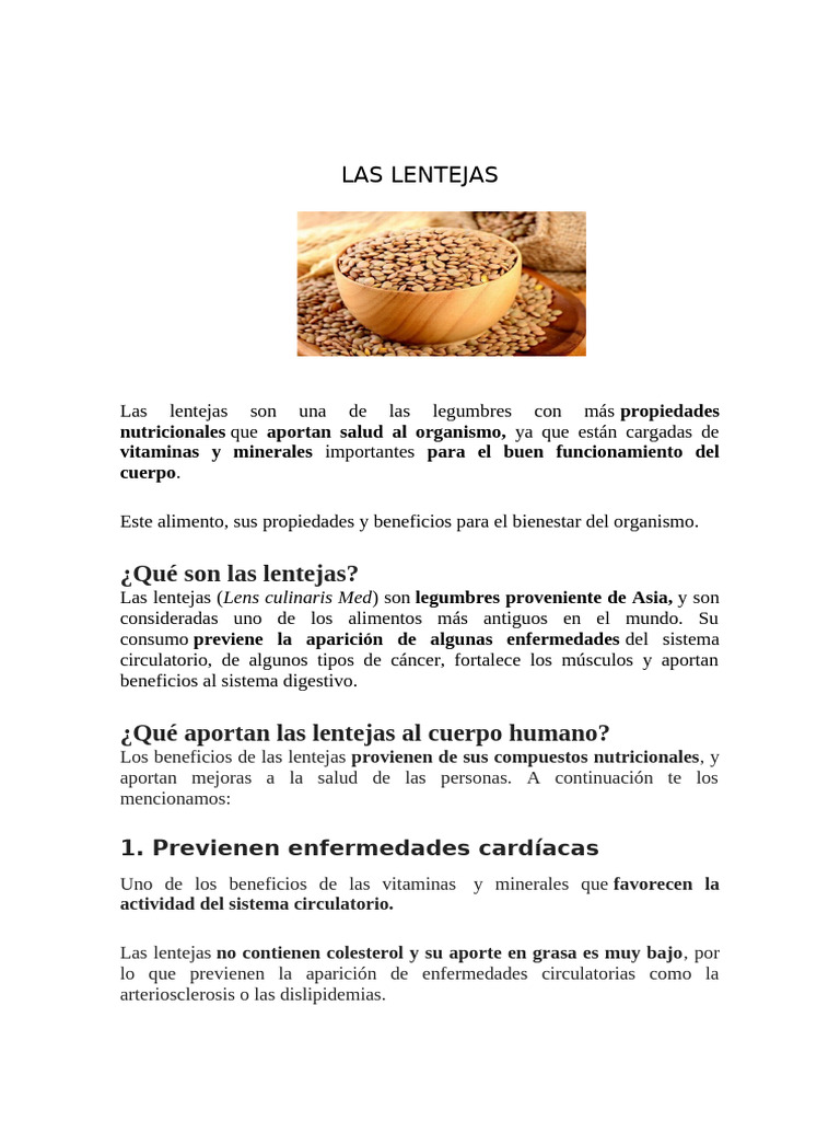 Beneficios y propiedades de las lentejas | PDF | Lenteja | Legumbre