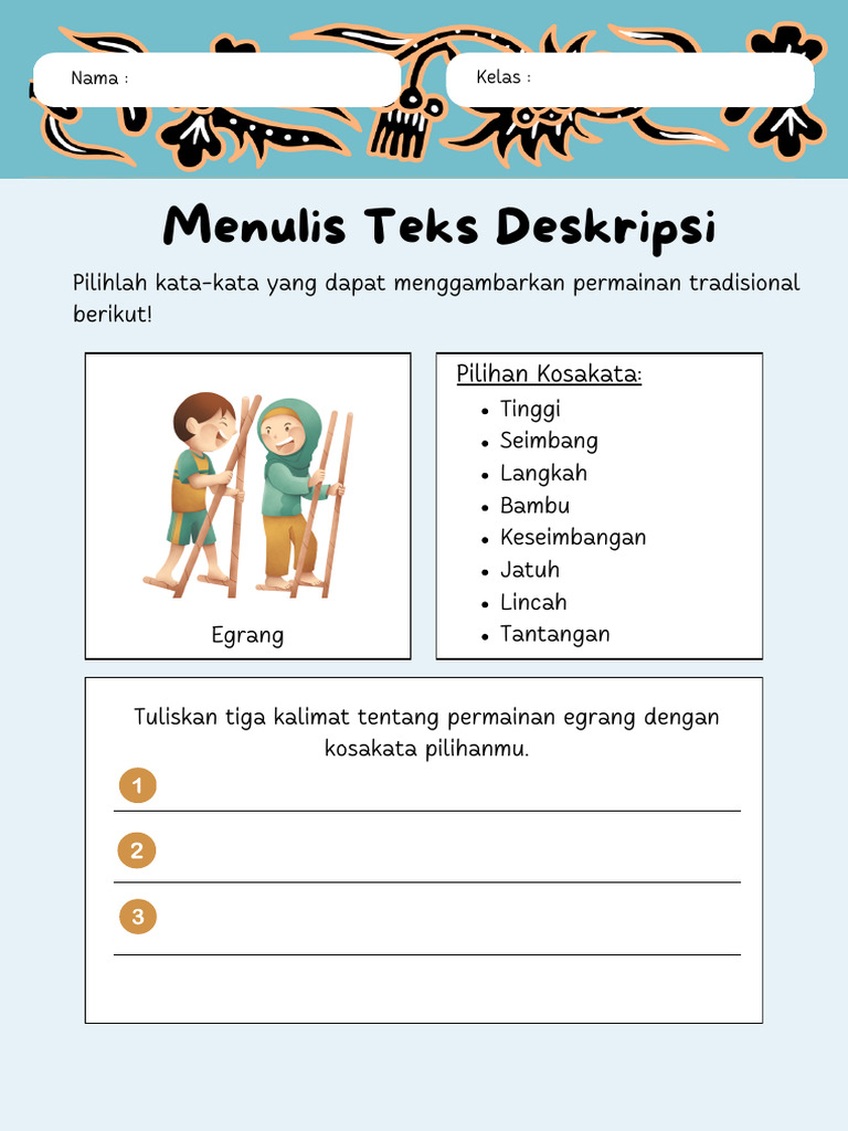 Lembar Kerja Menulis Teks Deskripsi Biru Putih Ilustrasi | PDF