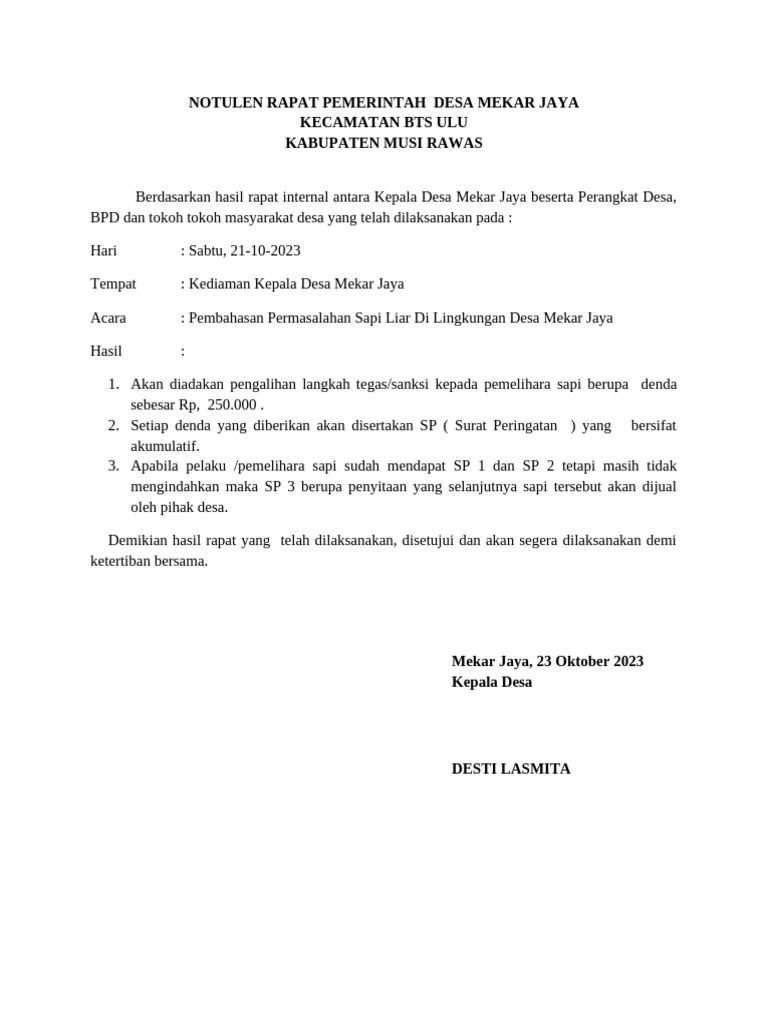 Aturan Denda Sapi Liar Desa Mekar Jaya | PDF