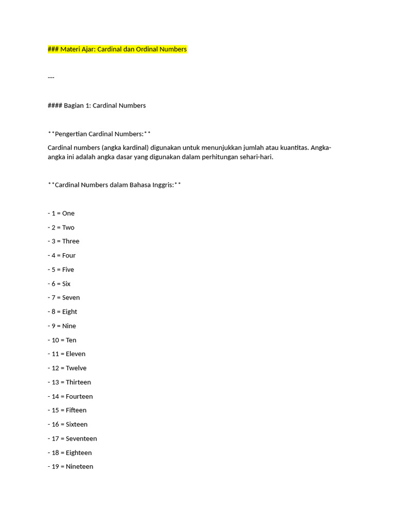 Materi Ajar Cardinal and Ordinal Numbers | PDF
