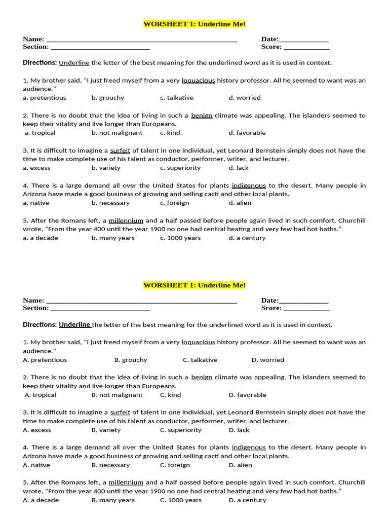 WORSHEET 1-Context Clues | PDF