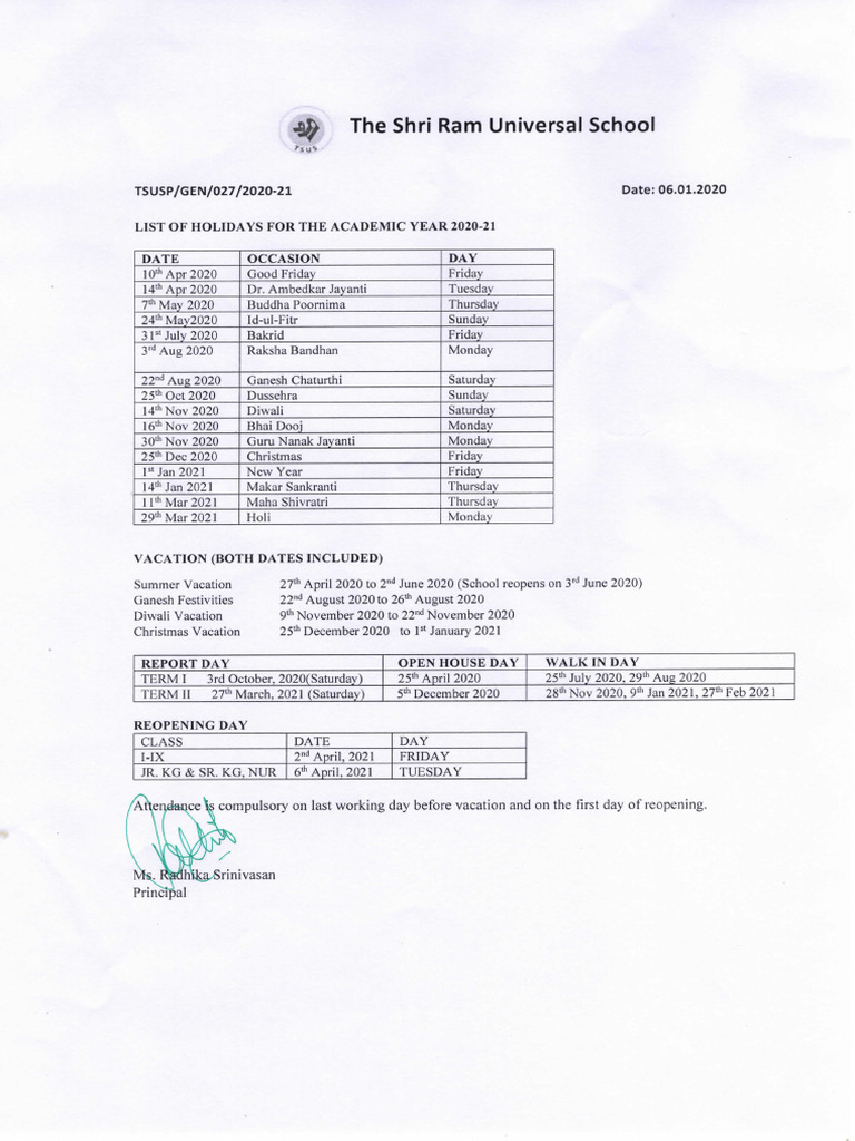 List of Holidays For Academic Year 2020 21 | PDF