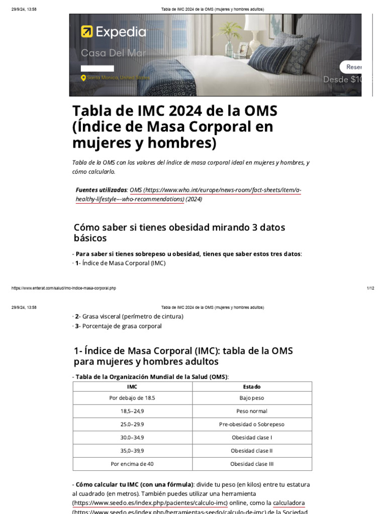 Tabla de IMC 2024 de La OMS (Mujeres y Hombres Adultos) | PDF | Índice de masa corporal | Obesidad