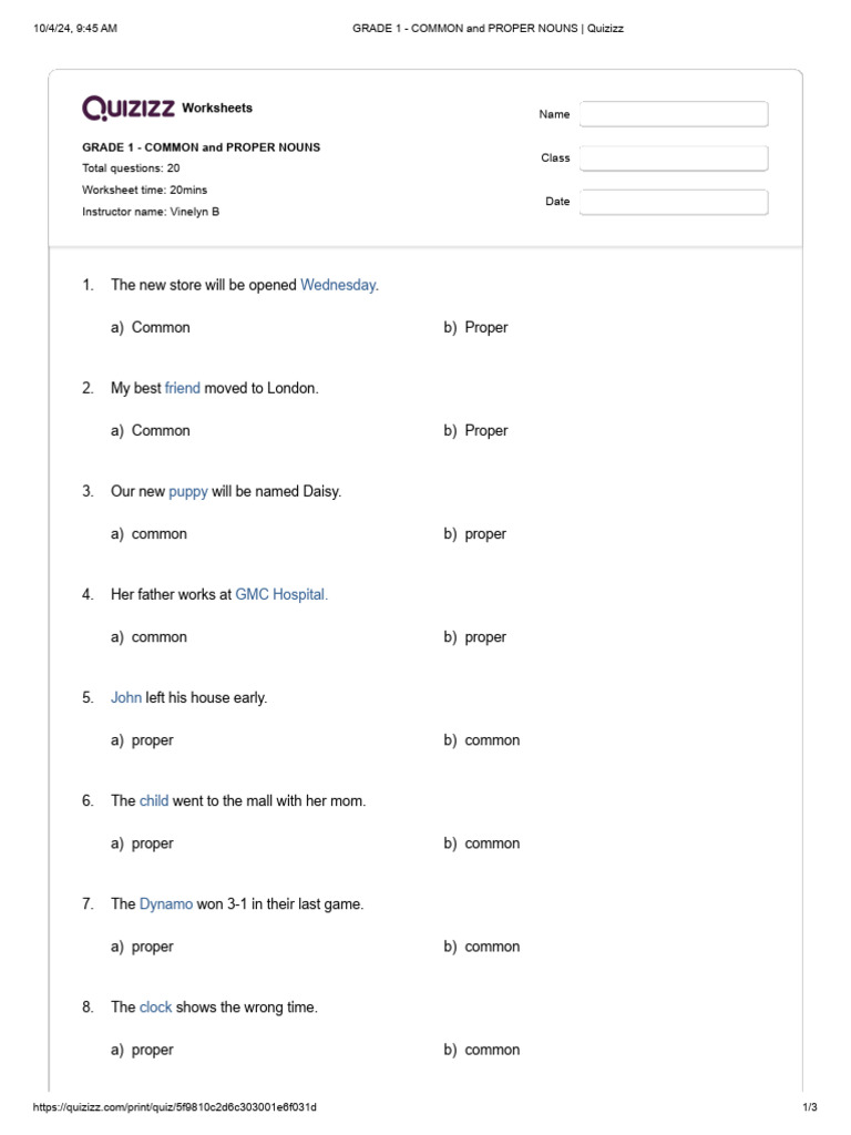 GRADE 1 - COMMON and PROPER NOUNS - Quizizz | PDF | Linguistic ...