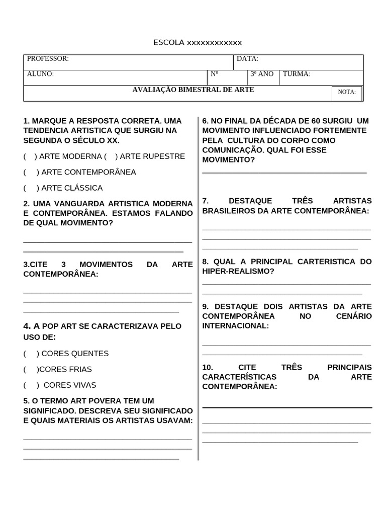 Prova - Bimestral - Arte 3 ANO | PDF | Arte | Estilo de vida