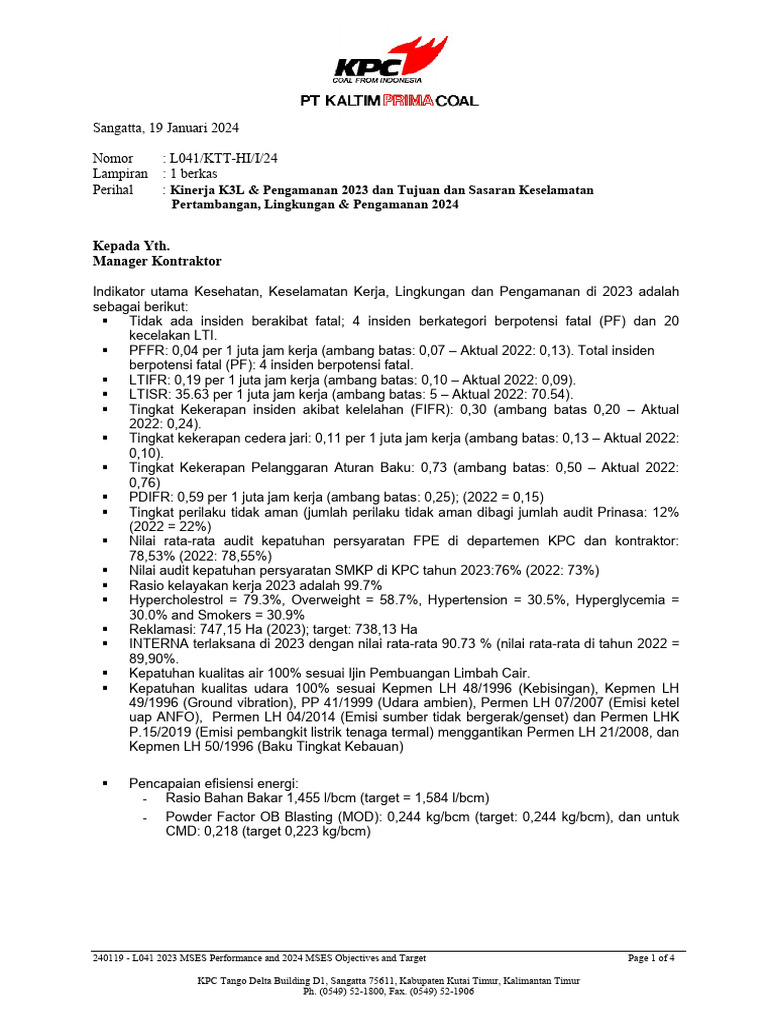 L041 2023 MSES Performance and 2024 MSES Objectives and Target | PDF