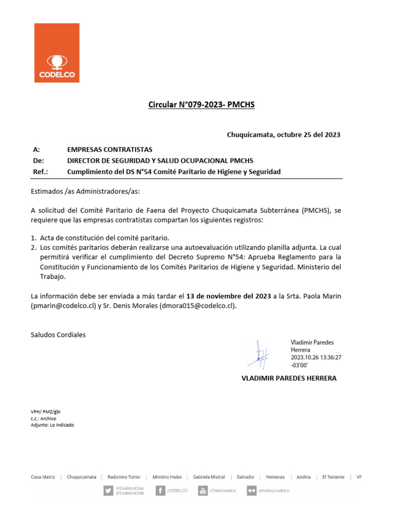 Circular 79-2023 Cumplimiento DS54 CPHS | PDF