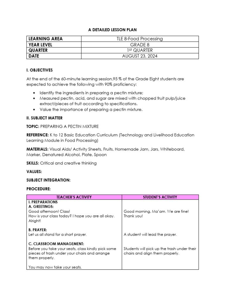 Detailed Lesson Plan-Roxas, Kim Arrianne C. | PDF | Fruit Preserves ...