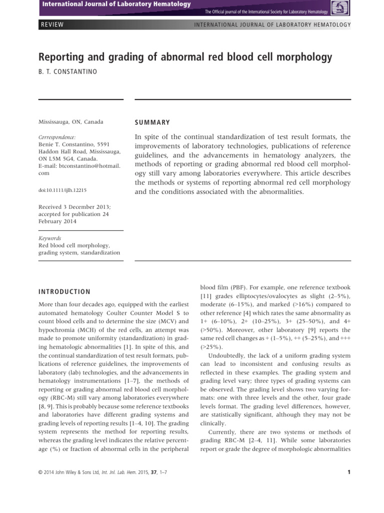 ICSH 2014 - Reporting and Grading of Abnormal Red Blood Cell Morphology ...