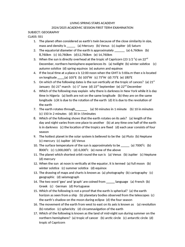 Ss1 Geography | PDF | Planets | Earth