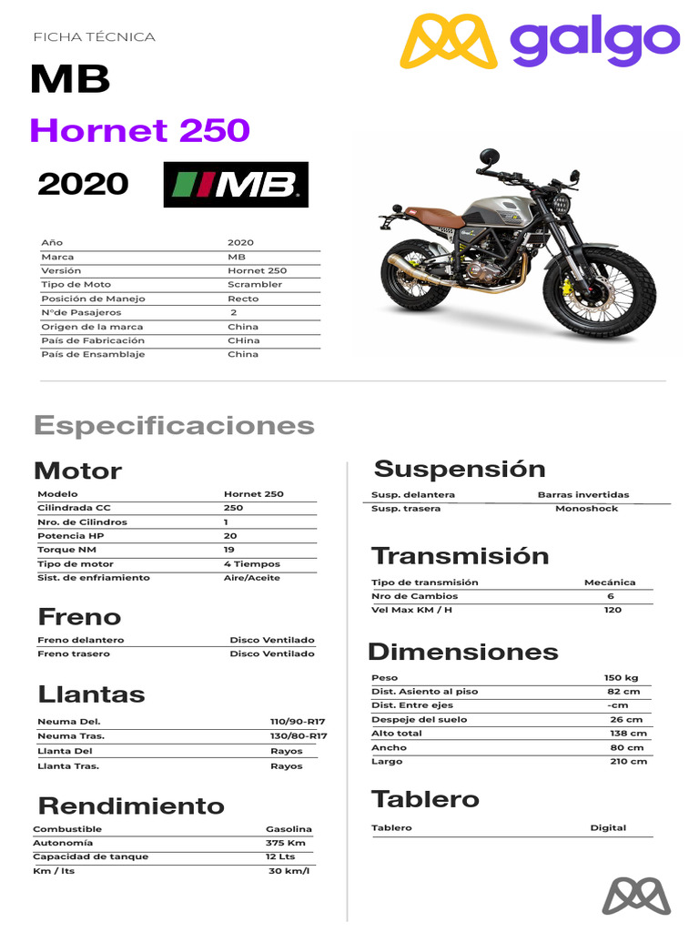 Especificaciones MB Hornet 250 2020 | PDF